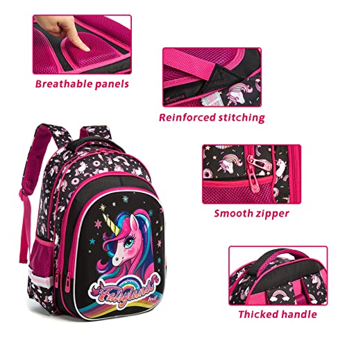 Tanou 2022 Kids Backpacks for Girls, 16'' Lightweight Breathable School Backpack, Cute Bookbags with Reflective Strip for Children 5-12 Years, Black Unicorn