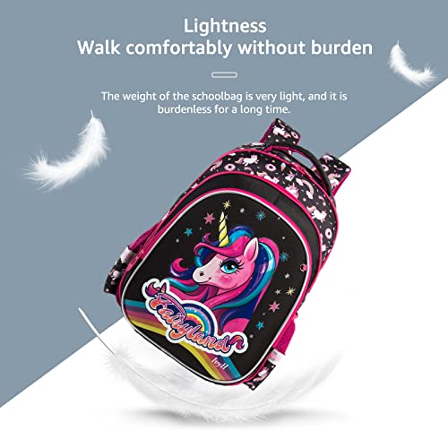 Tanou 2022 Kids Backpacks for Girls, 16'' Lightweight Breathable School Backpack, Cute Bookbags with Reflective Strip for Children 5-12 Years, Black Unicorn