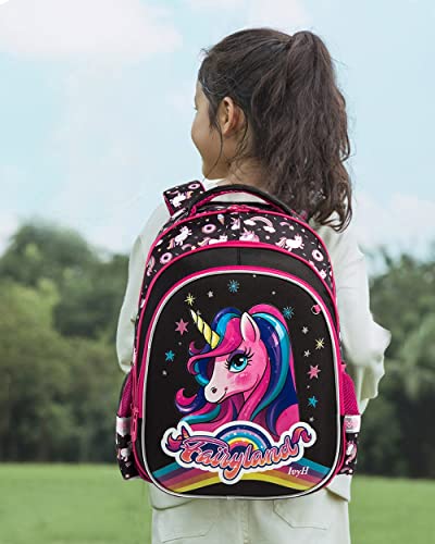 Tanou 2022 Kids Backpacks for Girls, 16'' Lightweight Breathable School Backpack, Cute Bookbags with Reflective Strip for Children 5-12 Years, Black Unicorn