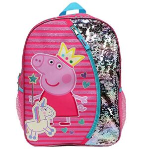 peppa pig backpack for girls for kindergarten & elementary school, 16 inch, flip sequins & glitter bookbag with padded back & adjustable shoulder straps, lightweight travel bag for kids