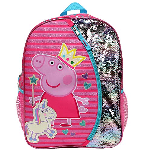 Peppa Pig Backpack for Girls for Kindergarten & Elementary School, 16 Inch, Flip Sequins & Glitter Bookbag with Padded Back & Adjustable Shoulder Straps, Lightweight Travel Bag for Kids