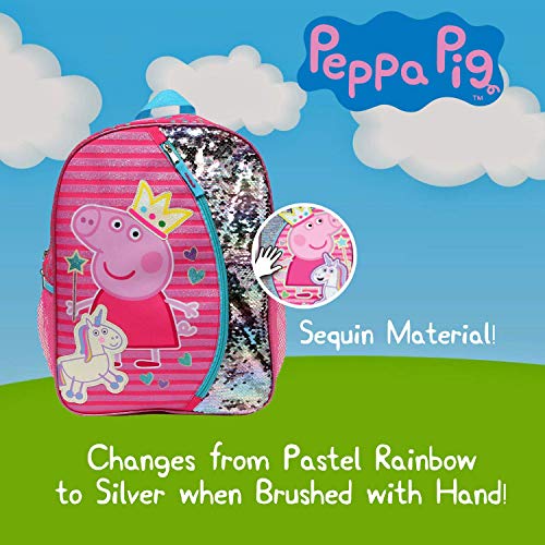 Peppa Pig Backpack for Girls for Kindergarten & Elementary School, 16 Inch, Flip Sequins & Glitter Bookbag with Padded Back & Adjustable Shoulder Straps, Lightweight Travel Bag for Kids