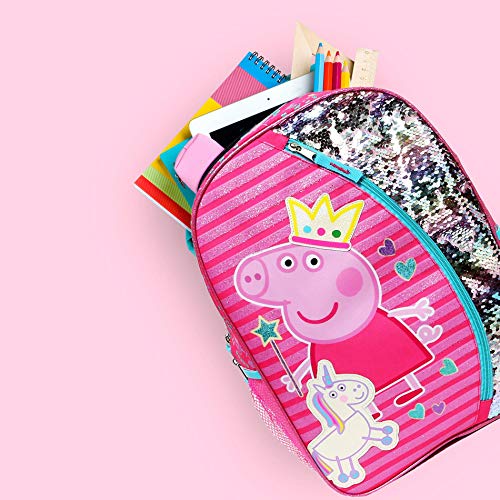 Peppa Pig Backpack for Girls for Kindergarten & Elementary School, 16 Inch, Flip Sequins & Glitter Bookbag with Padded Back & Adjustable Shoulder Straps, Lightweight Travel Bag for Kids