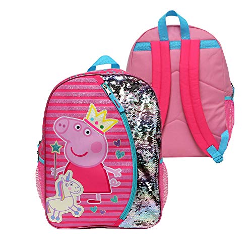 Peppa Pig Backpack for Girls for Kindergarten & Elementary School, 16 Inch, Flip Sequins & Glitter Bookbag with Padded Back & Adjustable Shoulder Straps, Lightweight Travel Bag for Kids