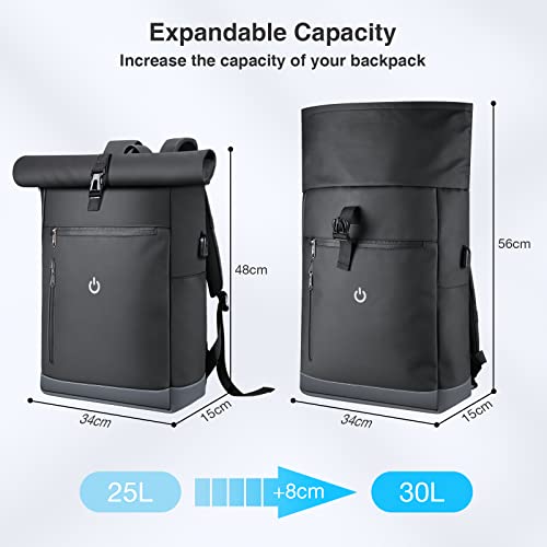 HOMIEE 30L Travel Backpack Expandable Roll Top Backpack Fits 17 Inch Laptop, Water Resistant Carry on Backpack Casual Daypack College School Bookbag with Laptop Pocket