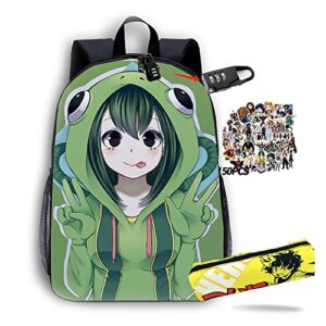 aaatj mha school backpack unisex backpack bnha izuku notebook with password (tsuyu)