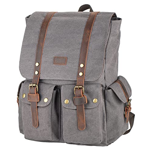 Canvas Backpack for Men Multi Pockets Vintage Travel Rucksack School Book Bag PU Trimming (Dark Gray)