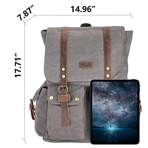 Canvas Backpack for Men Multi Pockets Vintage Travel Rucksack School Book Bag PU Trimming (Dark Gray)