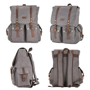 Canvas Backpack for Men Multi Pockets Vintage Travel Rucksack School Book Bag PU Trimming (Dark Gray)