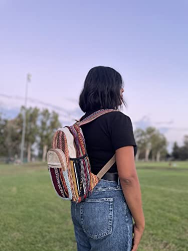 Cotton stripe and hemp backpack, 13" himalayan hemp backpack, hiking backpack, fair trade bag, free spirit bag, hippie bag, nepali bag, boho bag