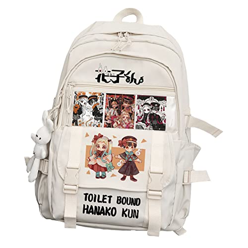 jupkem Jupkem Anime Toilet-bound Hanako-kun Backpack with Animal Doll Pendant Student Bag Laptop Cosplay Boy Girl (White 5)