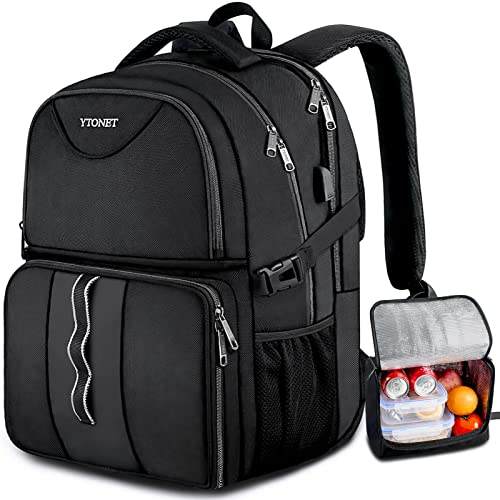 Lunch Backpack for Men, 15.6 Inch Laptop Backpack with Lunch Box, Insulated Cooler Backpack with USB Port, School Backpack Bookbag for College Work Commuter Picnic Gifts for Men Women, Black