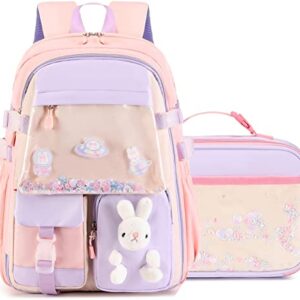 nine-tailed fox Bunny Backpack for Girls,Cute Backpack With Lunch Bag Kindergarten Preschool Elementary School Bookbag Set (Lunch Bag Sets Pink)