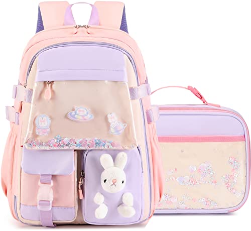 nine-tailed fox Bunny Backpack for Girls,Cute Backpack With Lunch Bag Kindergarten Preschool Elementary School Bookbag Set (Lunch Bag Sets Pink)