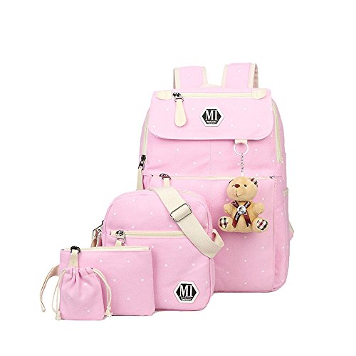 Polka-Dot Girls Backpack-Combo Pink School-Bag Elementary Canvas Bookbag