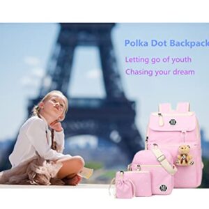 Polka-Dot Girls Backpack-Combo Pink School-Bag Elementary Canvas Bookbag