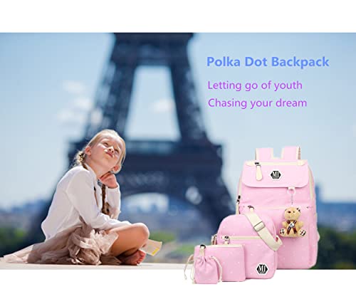 Polka-Dot Girls Backpack-Combo Pink School-Bag Elementary Canvas Bookbag