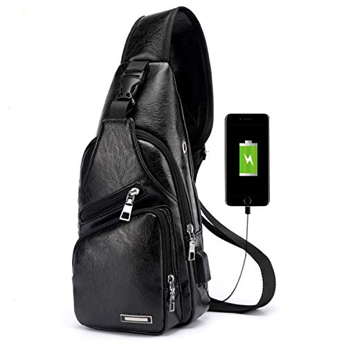 Men Shoulder Crossbody Sling Bag, PU Leather Chest Backpacks Crossbody Daypacks with USB Charging Port for Outdoor Activities (Black)