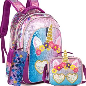 Unicorn Backpack for Girls 16" Backpacks for Girls for School Sequin Backpack with Lunch Box for Elementary Girls Students