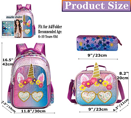 Unicorn Backpack for Girls 16" Backpacks for Girls for School Sequin Backpack with Lunch Box for Elementary Girls Students