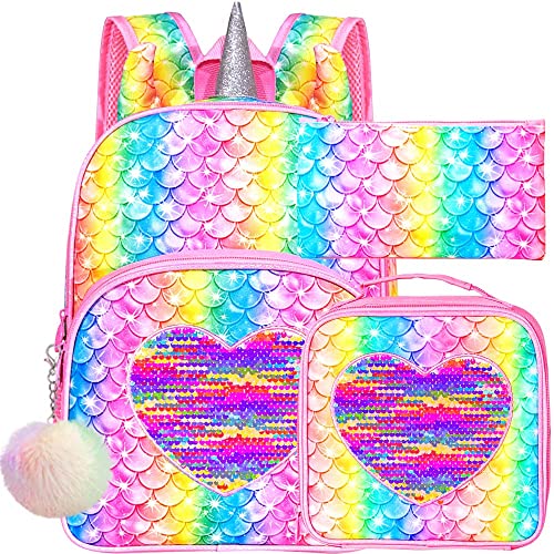 gxtvo 3PCS Backpack for Girls, 14.5" Mermaid Sequin Preschool Elementary Bookbag and Lunch Box