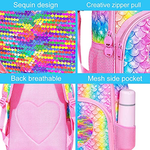 gxtvo 3PCS Backpack for Girls, 14.5" Mermaid Sequin Preschool Elementary Bookbag and Lunch Box