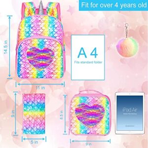 gxtvo 3PCS Backpack for Girls, 14.5" Mermaid Sequin Preschool Elementary Bookbag and Lunch Box