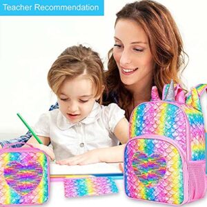 gxtvo 3PCS Backpack for Girls, 14.5" Mermaid Sequin Preschool Elementary Bookbag and Lunch Box