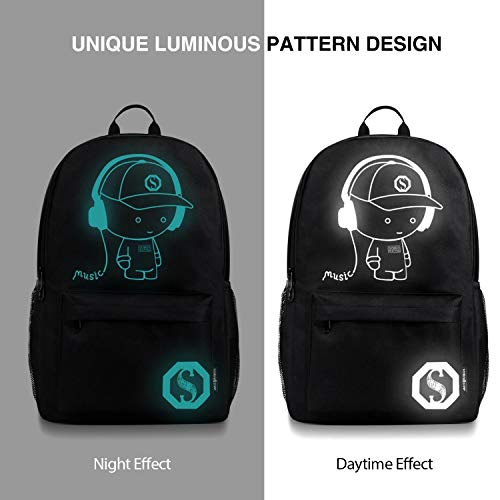 FANDARE Casual Daypack Backpacks Luminous School Bag for Girls Boys Teens Knapsack Women Men Travel Laptop Rucksack College Bookbag fit 15.6 inch Notebook Haversack Waterproof Polyester Black A