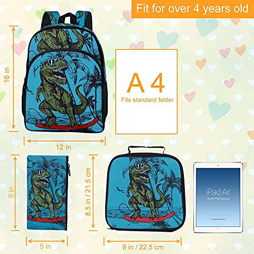 AGSDON 3PCS Dinosaur Backpack for Boys, 16" little Kids Preschool School Bookbag and Lunch Box