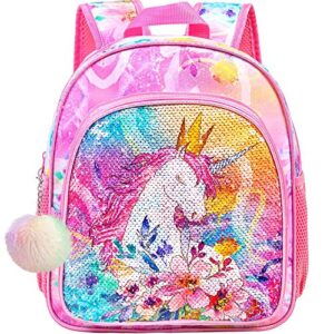 WZLVO Toddler Backpack for Girls, 12" Cute Unicorn Sequin Preschool Bookbag, Kindergarden School bag for little Kids