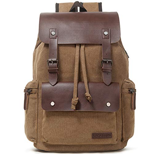 LACATTURA Vintage Leather Backpack for Men and Women, Denim Canvas School Bookbag College Travel Laptop Rucksack Vegan Daypack - Brown