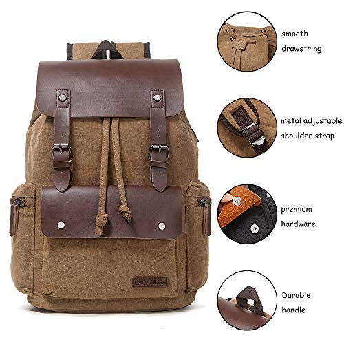 LACATTURA Vintage Leather Backpack for Men and Women, Denim Canvas School Bookbag College Travel Laptop Rucksack Vegan Daypack - Brown