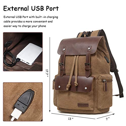 LACATTURA Vintage Leather Backpack for Men and Women, Denim Canvas School Bookbag College Travel Laptop Rucksack Vegan Daypack - Brown