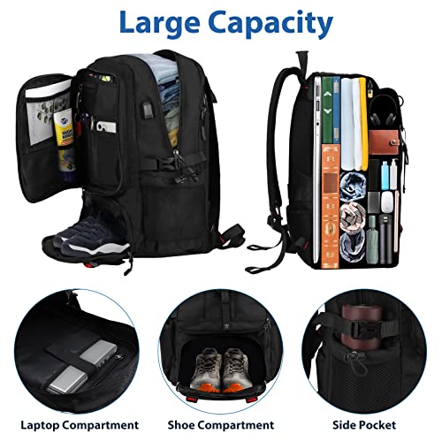 Fujampe Travel Laptop Backpack with Shoes Compartment USB Charging Port Large 60L Carry on Backpack School Bag Fit 17 Inch Laptops for Men Women