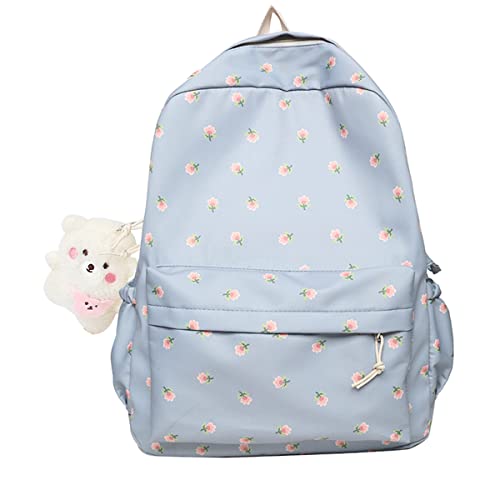 kakarin choyx Kawaii Backpack Mori Art Floral School Bag With Pendant 16.1 Inch Aesthetic Backpack Cute Backpack Classic Casual Computer Backpack (Blue)