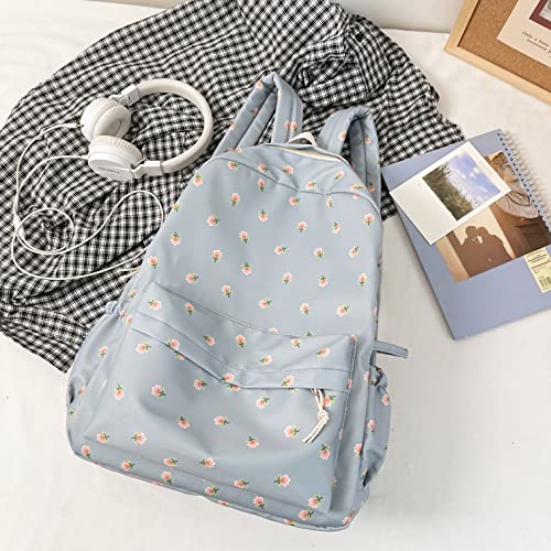 kakarin choyx Kawaii Backpack Mori Art Floral School Bag With Pendant 16.1 Inch Aesthetic Backpack Cute Backpack Classic Casual Computer Backpack (Blue)