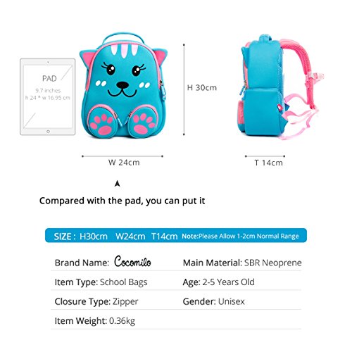 Cocomilo 12" Cartoon 3D Cat Toddler Backpack for Kids Waterproof Preschool Baby Bag for Boys and Girls with Ant-lost Leash (Blue Cat)