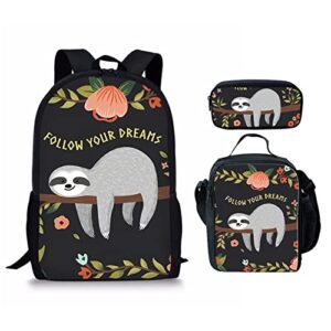 bulopur sloth baby flower pattern kids boys girls backpack set 3 pcs school student bag lunch bag pencil bags for camping sport travel