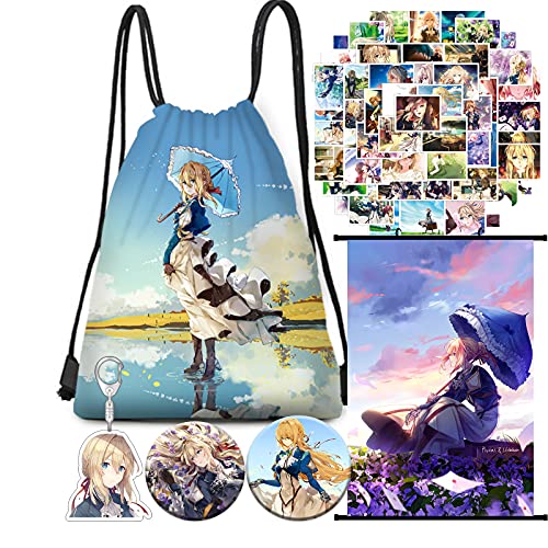 NIGHER VioIet Ever Garden Merch,VioIet Evergarden Poster,52 pcs Stickers,Backpack,Keychain,Button Pins (A)