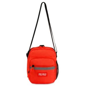 j world new york crux mini crossbody bags for women and men – 5.9 x 3.5 x 7.9 inch sling bag with adjustable shoulder strap – modern cross body bag with zippered front pocket – front reflective tape (warm red)