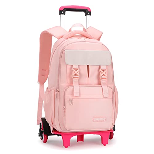 Solid-Color Rolling Backpack for Girls, Trolley Pink Wheel School Bag, Wheeled Bookbag on 6 Wheels