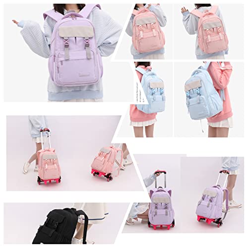 Solid-Color Rolling Backpack for Girls, Trolley Pink Wheel School Bag, Wheeled Bookbag on 6 Wheels