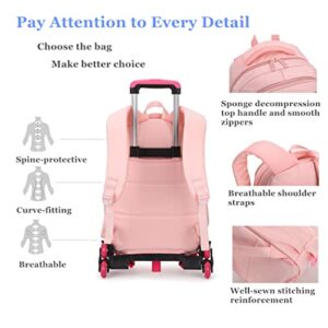 Solid-Color Rolling Backpack for Girls, Trolley Pink Wheel School Bag, Wheeled Bookbag on 6 Wheels