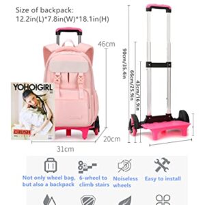 Solid-Color Rolling Backpack for Girls, Trolley Pink Wheel School Bag, Wheeled Bookbag on 6 Wheels