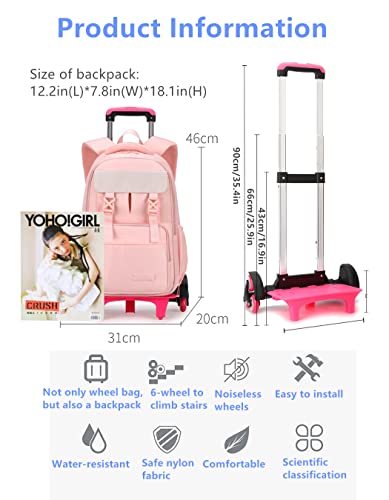 Solid-Color Rolling Backpack for Girls, Trolley Pink Wheel School Bag, Wheeled Bookbag on 6 Wheels