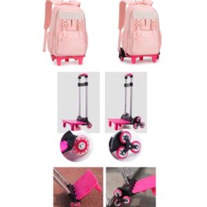 Solid-Color Rolling Backpack for Girls, Trolley Pink Wheel School Bag, Wheeled Bookbag on 6 Wheels