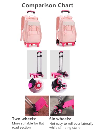 Solid-Color Rolling Backpack for Girls, Trolley Pink Wheel School Bag, Wheeled Bookbag on 6 Wheels