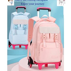 Solid-Color Rolling Backpack for Girls, Trolley Pink Wheel School Bag, Wheeled Bookbag on 6 Wheels