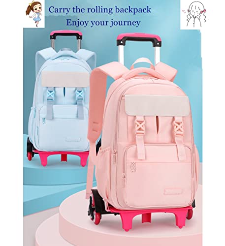 Solid-Color Rolling Backpack for Girls, Trolley Pink Wheel School Bag, Wheeled Bookbag on 6 Wheels